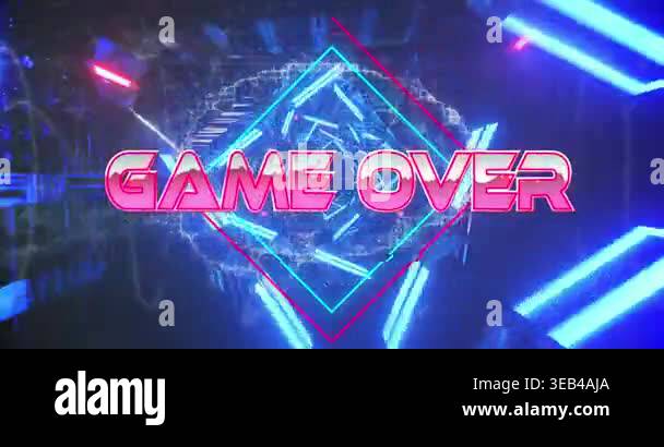 Animation of game over ready text banner over neon blue glowing tunnel ...