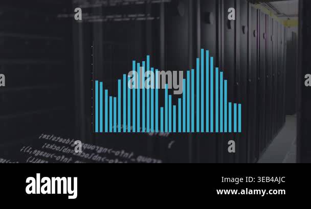 Animation of data processing with diagrams over server room. Global ...