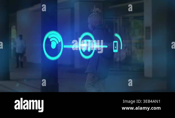 Animation of moving animation of text over caucasian man in server room ...