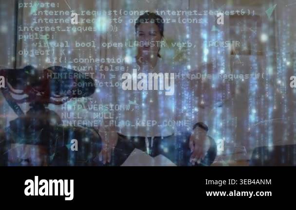 Animation of data processing and light trails over caucasian woman ...