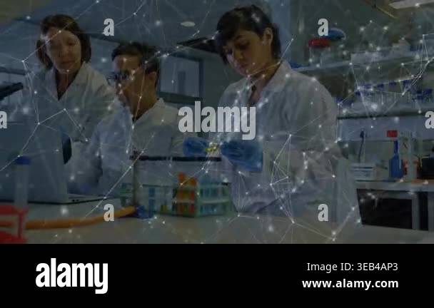 Starting reviewing data researchers examining test tubes with animated ...