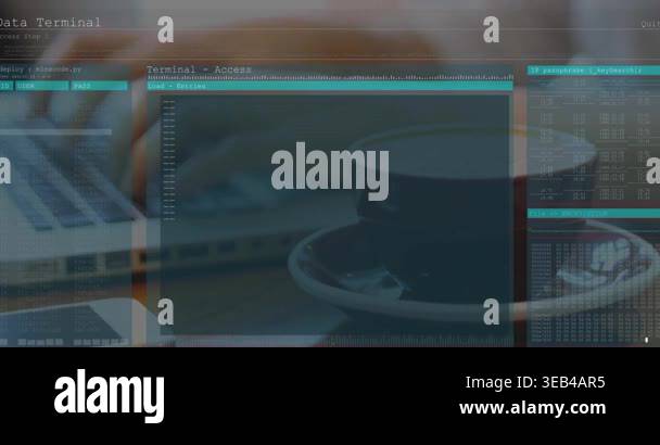 Animation of computer language and interface over coffee cup and ...
