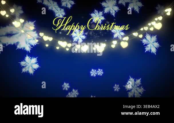 Animation of happy christmas text banner, fairy lights and snowflakes ...