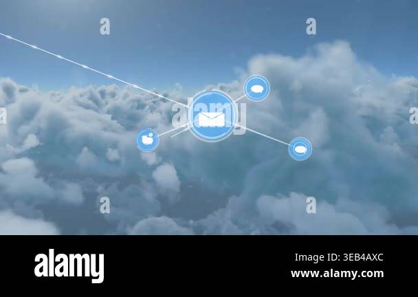 Animation of network of connections with icons over clouds. global ...