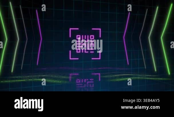 Animation of qr code over scope scanning and data processing on black ...