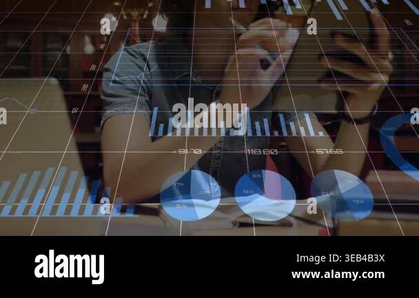 Adult male tapping smartphone in cafe, revealing animated grid, bar and ...