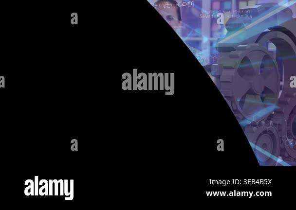 Animation of black shape with copy space over digital space, cogs and ...