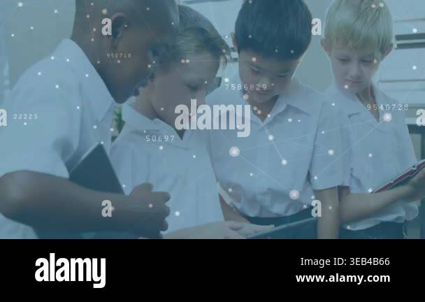 Children using tablets, digital data network animation over classroom ...