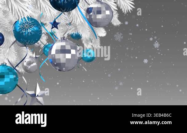 Animation of snow falling over christmas tree with decorations ...
