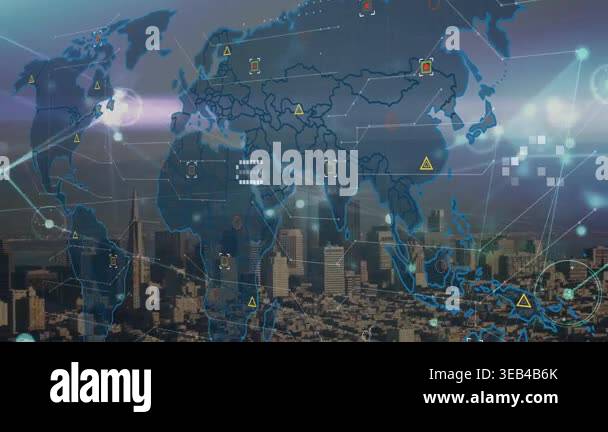 Animation of network of connections and world map over cityscape and ...