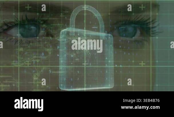 Security padlock icon over grid network against close up of woman's ...