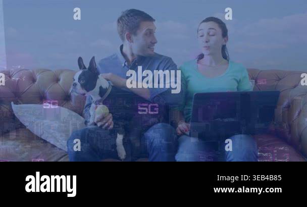 Animation of 5g text repeated over happy caucasian couple with dog ...