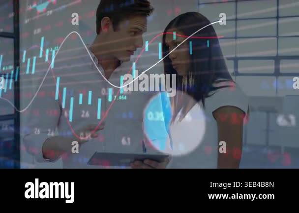 Man holding tablet initiating animated finance charts while woman ...