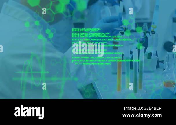 Scientists working in laboratory with green molecular structures and ...