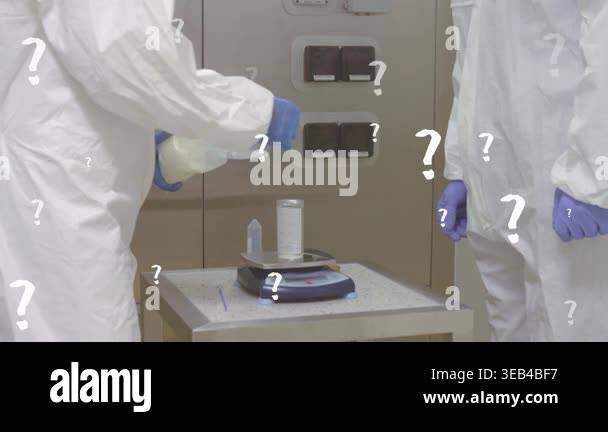 Animation of question marks over midsection of caucasian lab workers in ...