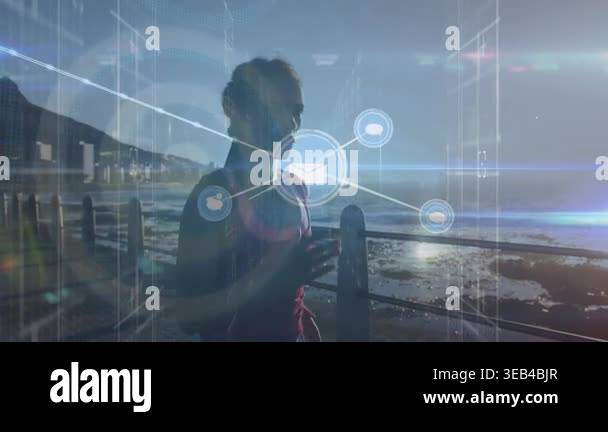 Animation of network of connections over caucasian woman running ...