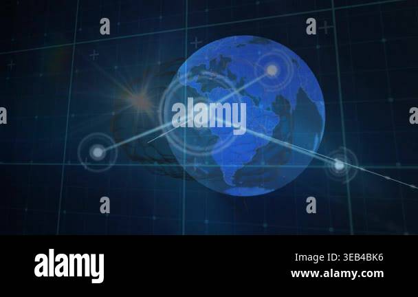 Animation of network of connections and globe over navy digital space ...
