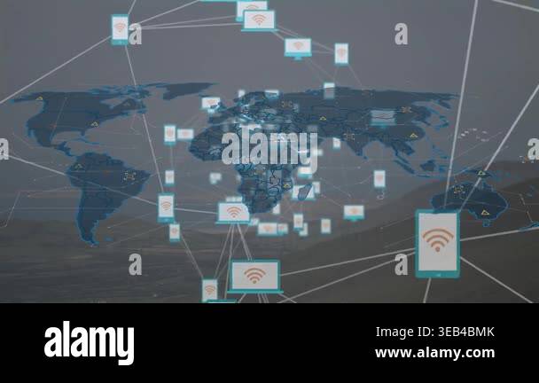 Animation of network of connections and world map over landscape and ...