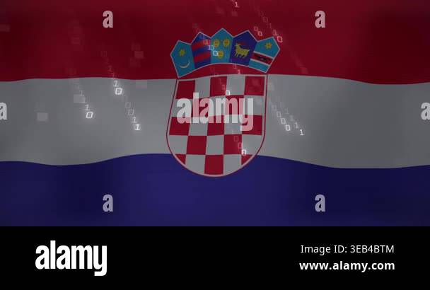 On start Croatian flag waving as binary code raining and intensifying ...