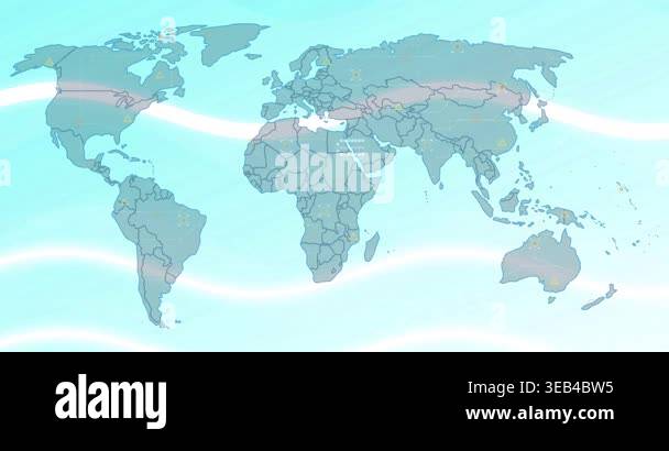 Animation of world map and waves on blue background. Connections ...