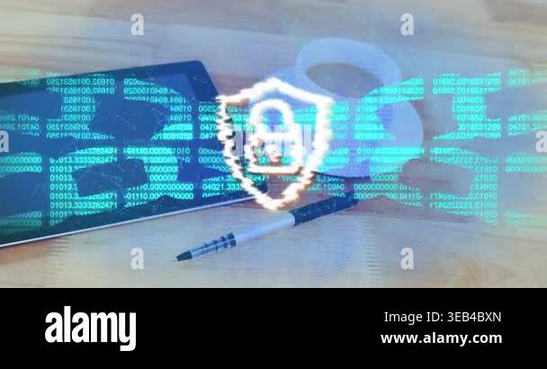 Animation of security padlock and chain icon over digital tablet, pen ...