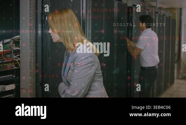 Cyber security data processing over caucasian female engineer working ...