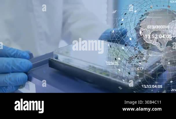 Scientist lifting transparent microplate onto instrument stage rotating ...