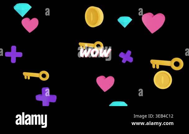 Animation of wow text over abstract shapes on black background. Shape ...