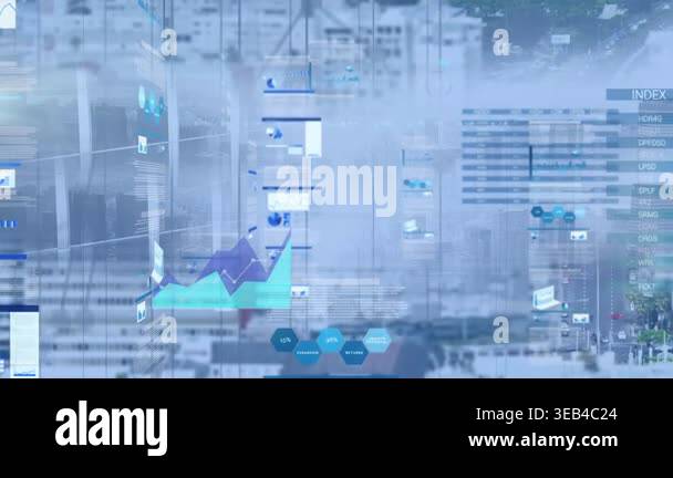 Animation of diverse data and graphs over cityscape. global finance ...