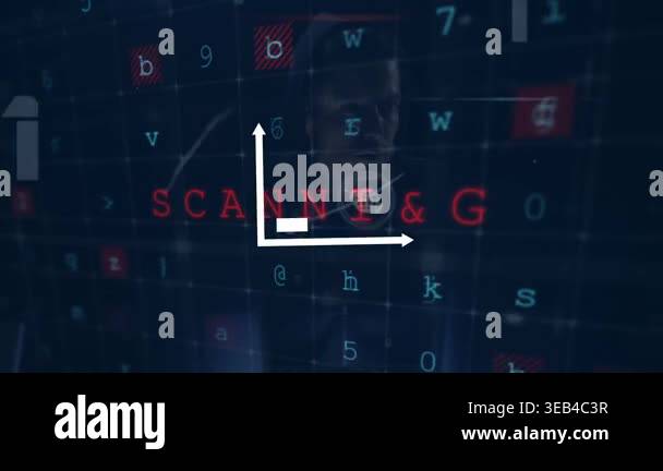 Animation of connections, scanning and graphs on navy background ...