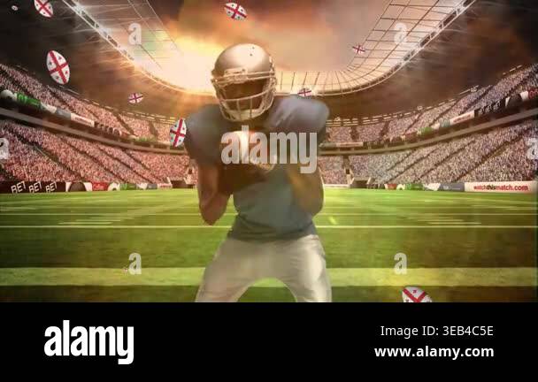 Animation of balls with georgia flag and american football players over ...