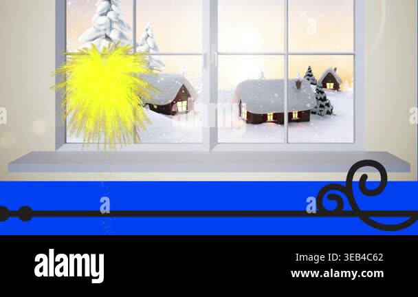 Animation of view of winter landscape from wooden window frame ...