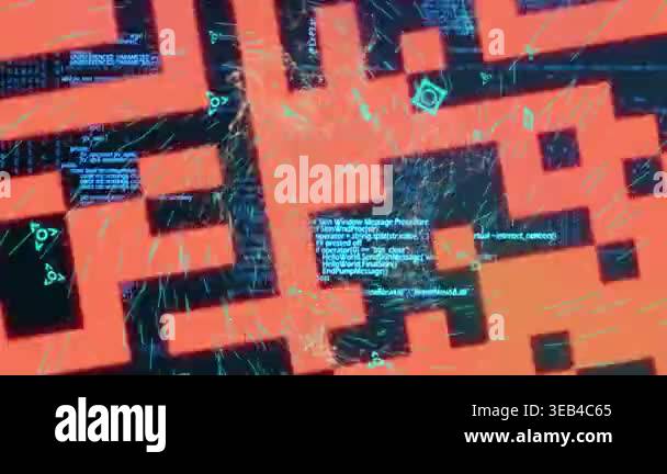Animation of data processing and qr code over black background. global ...