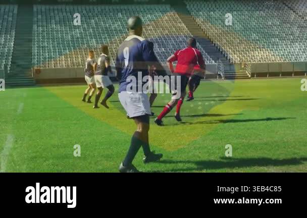 On field, rugby players in action with animation graphic overlay ...