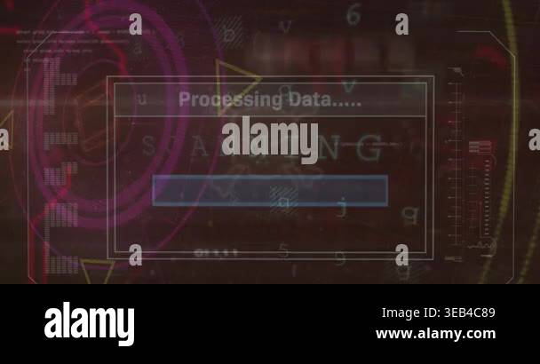 Animation of data processing text over computer servver. Global data ...