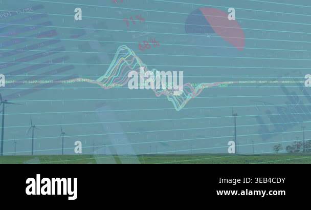 Flat design showing wind turbines generating power with colorful line ...