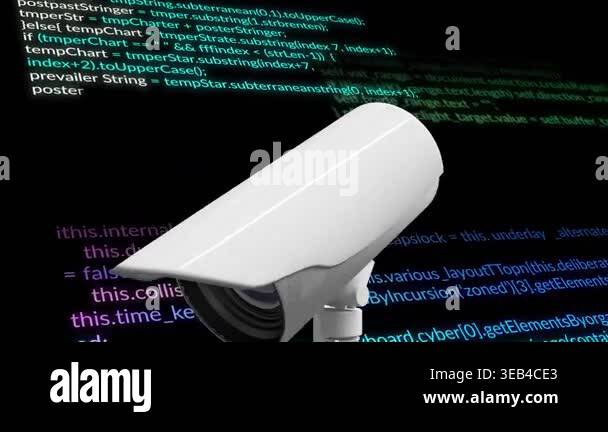 Animation of digital data processing over cctv camera on black ...