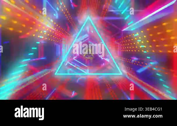 Animation of colourful neon triangles over digital tunnel. Retro future ...