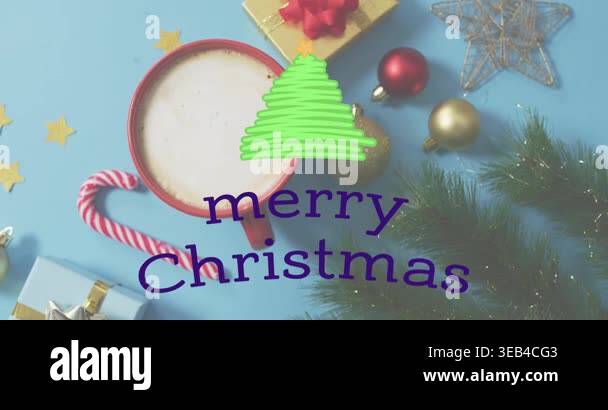 Animation of merry christmas text banner with christmas tree icon over ...
