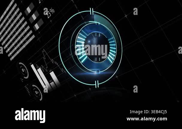 Animation of processing circle over graphs, data and black background ...