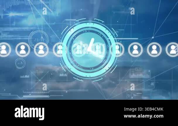 Animation of clock moving over icons, connections and sky. global ...