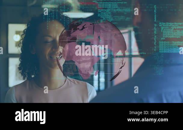 Animation of data processing over businessman and cityscape. Global ...