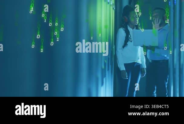 Animation of falling binary codes, african american coworkers ...