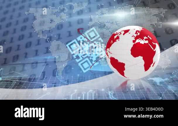 Animation of data processing and qr code over globe, world map and ...