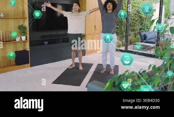 Two men doing guided yoga, moving into tree pose while wellness icons ...