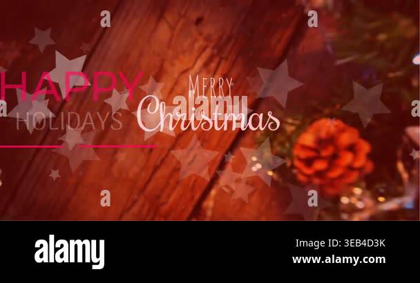 Animation of merry christmas text banner and stars floating over ...