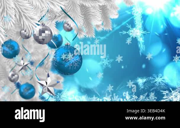 Animation of snow falling over christmas tree with decorations ...