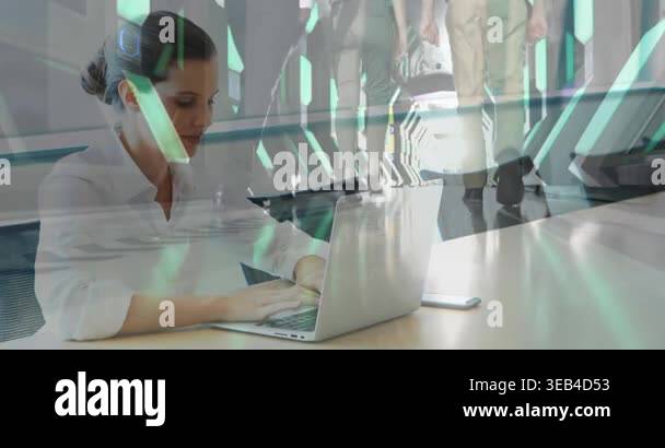 Animation of people walking over caucasian businesswoman using laptop ...