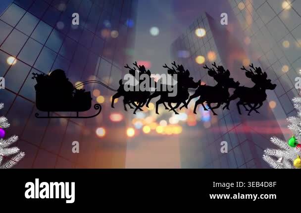 Animation of snow falling over santa claus in sleigh with reindeer ...
