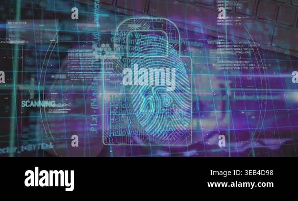 Animation of security padlock and data processing over navy background ...